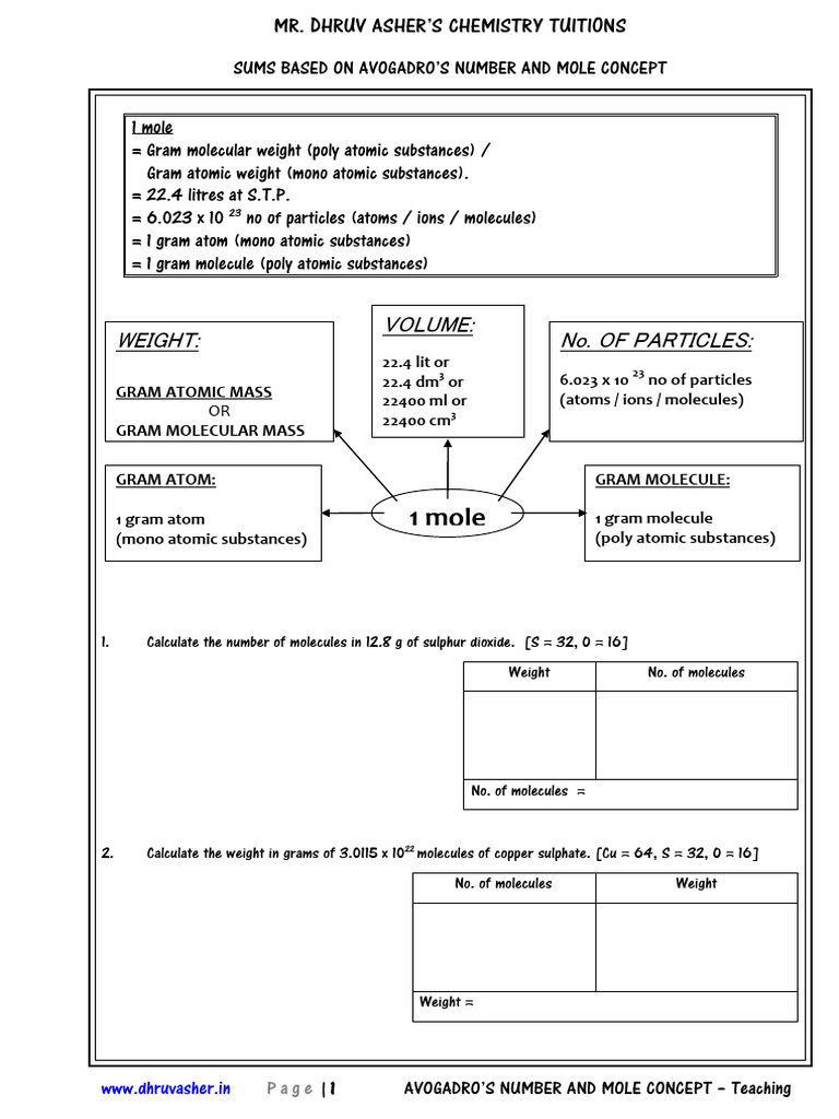 WS - Avogadro's Number and Mole Concept - Teaching | PDF | Mole (Unit ...
