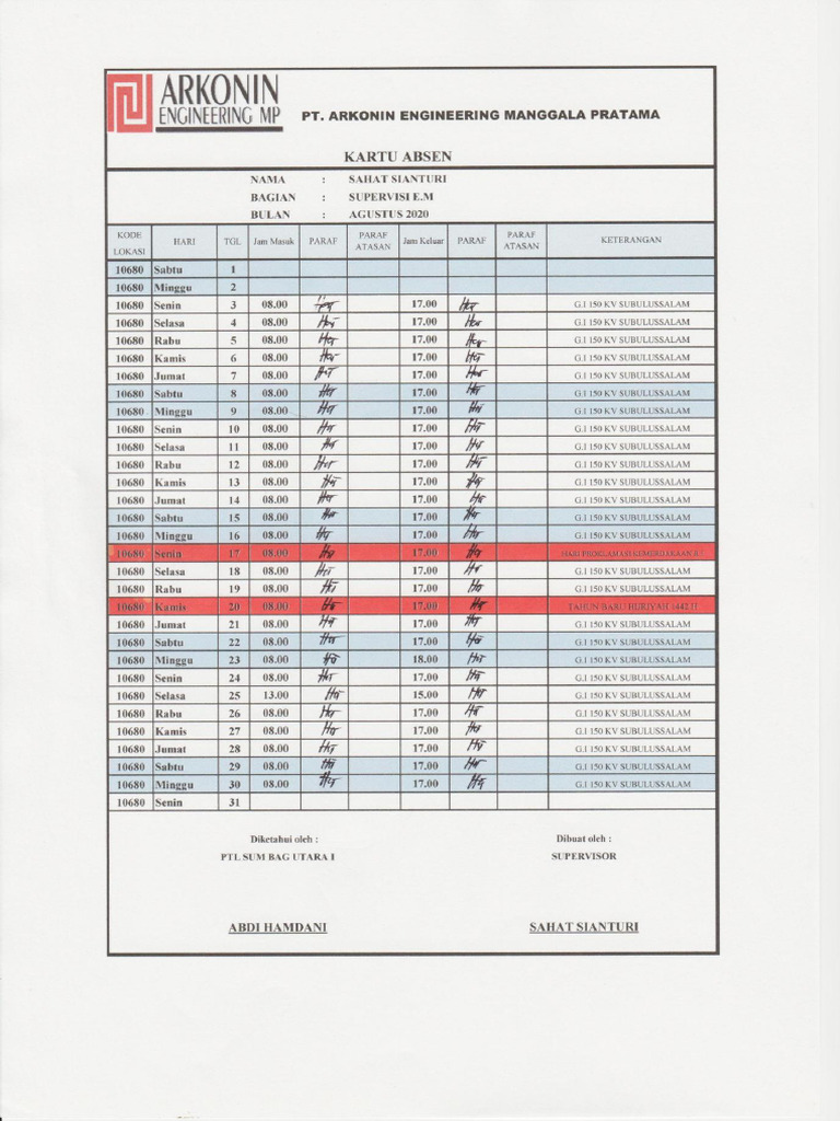 ABSEN DAN TIMESHEET - SAHAT SIANTURI (AGUSTUS 2020) | PDF