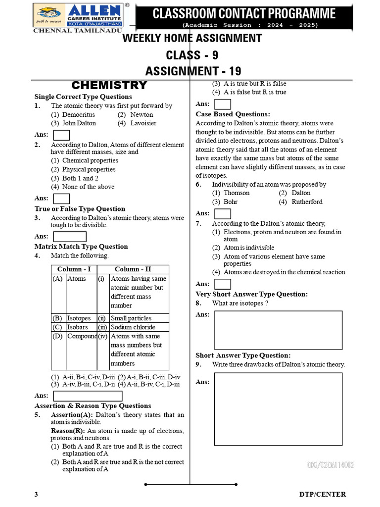 Week-19 - Class-9 - Home Assign - 24-25 - Chemistry | PDF | Atoms | Chemistry