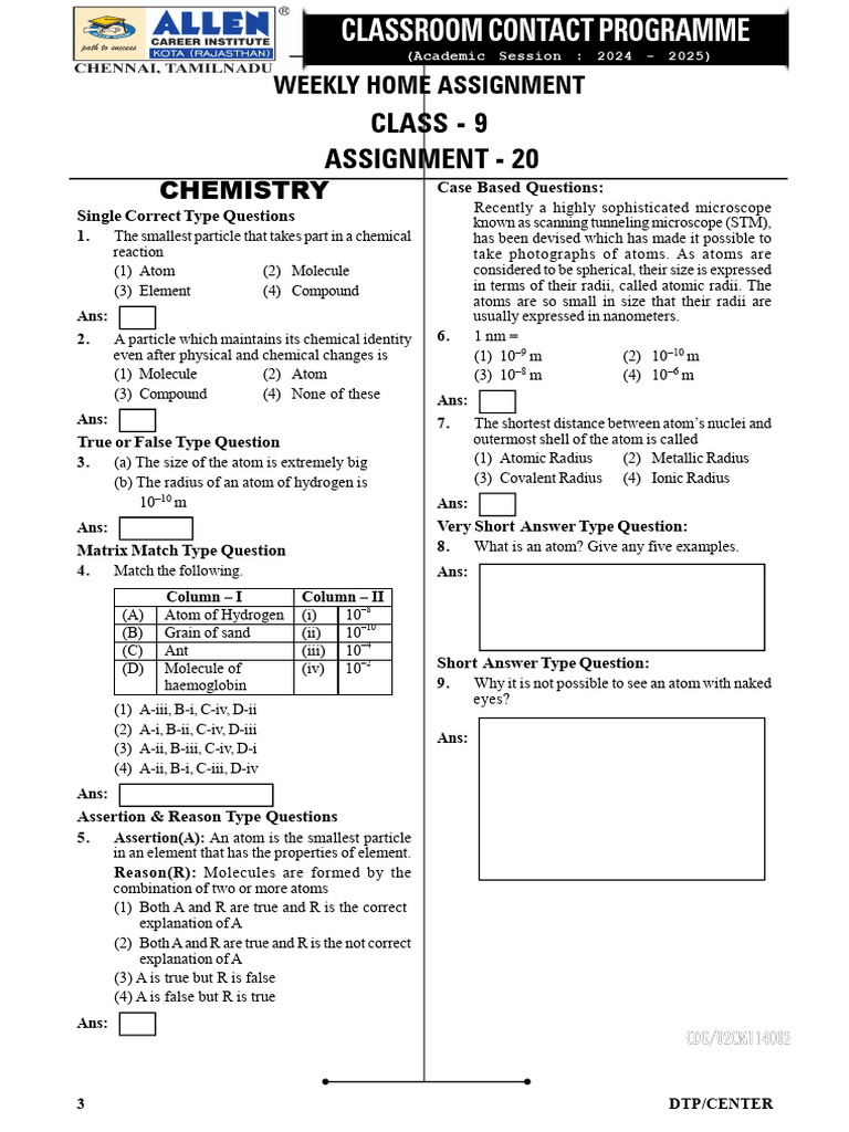 Week-20 - Class-9 - Home Assign - 24-25 - Chemistry | PDF | Atoms | Chemistry