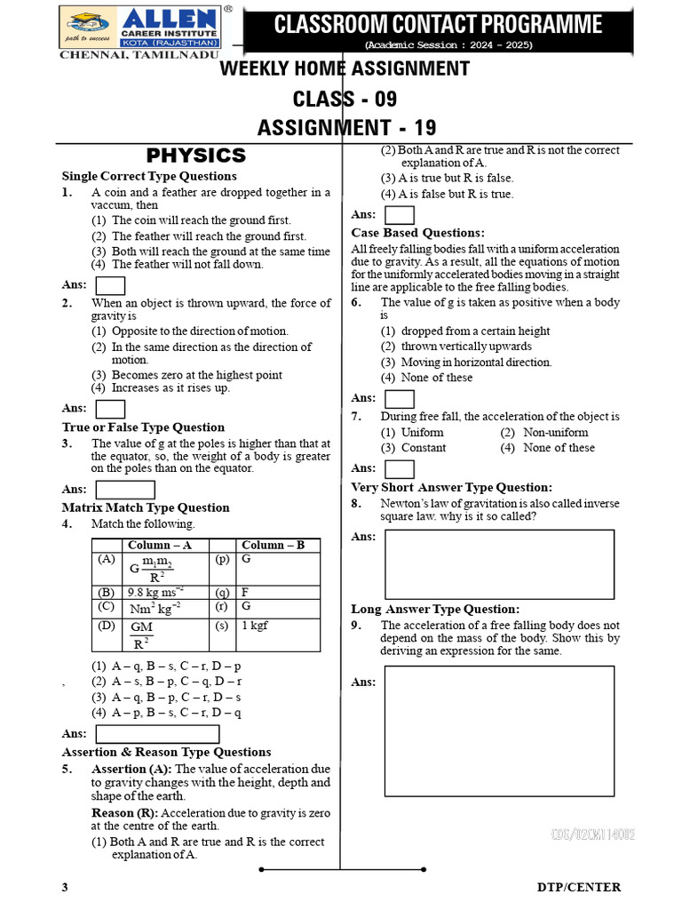 Week-19 - Class-9 - Home Assign - 24-25 - Physics | PDF | Gravity | Physical Quantities