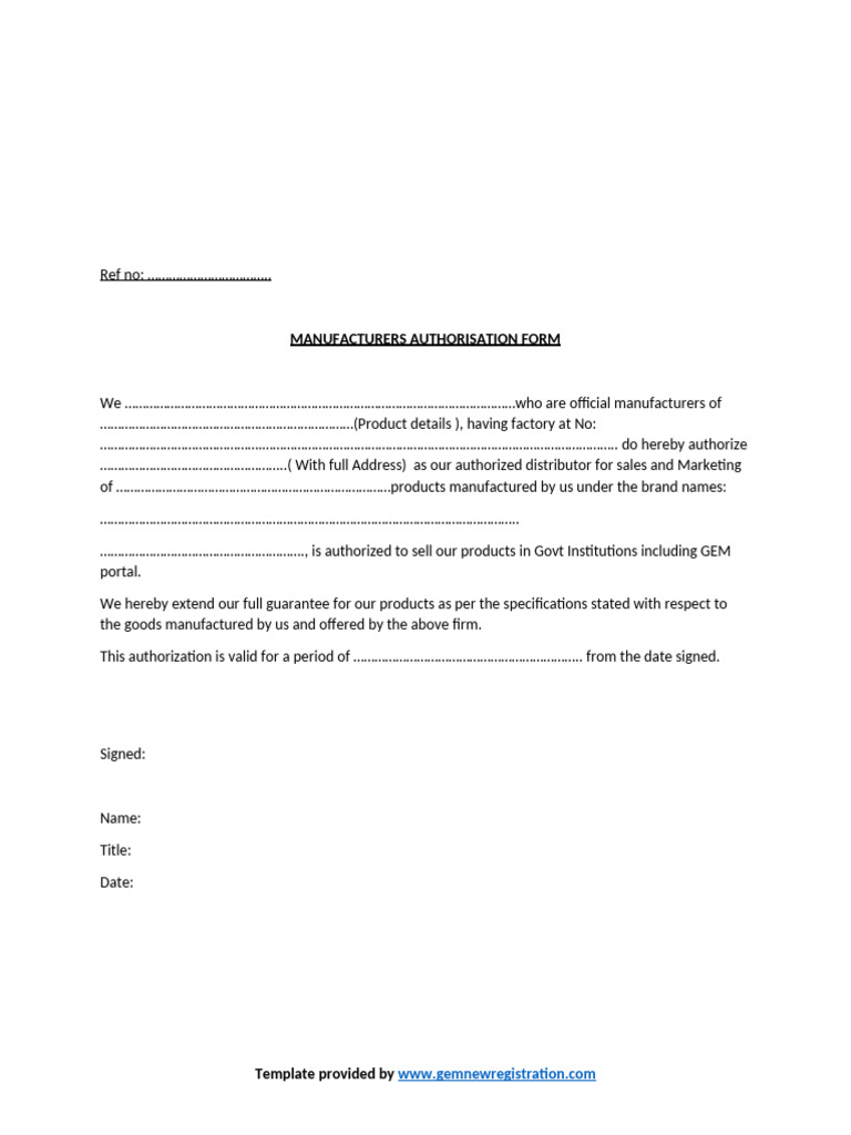 MANUFACTURERS AUTHORISATION FORM Gem Www.httpsgemnewregistration.com | PDF