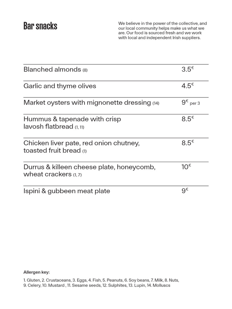 Allergen Information for Bar Snacks Menu | PDF