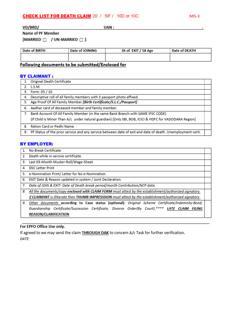 PF Death Claim Document Checklist | PDF | Social Institutions ...