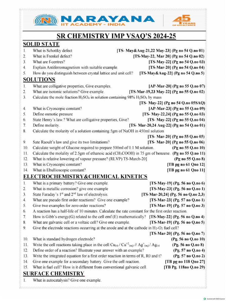 SR Chemistry Imp Vsaq 2024-25 | PDF