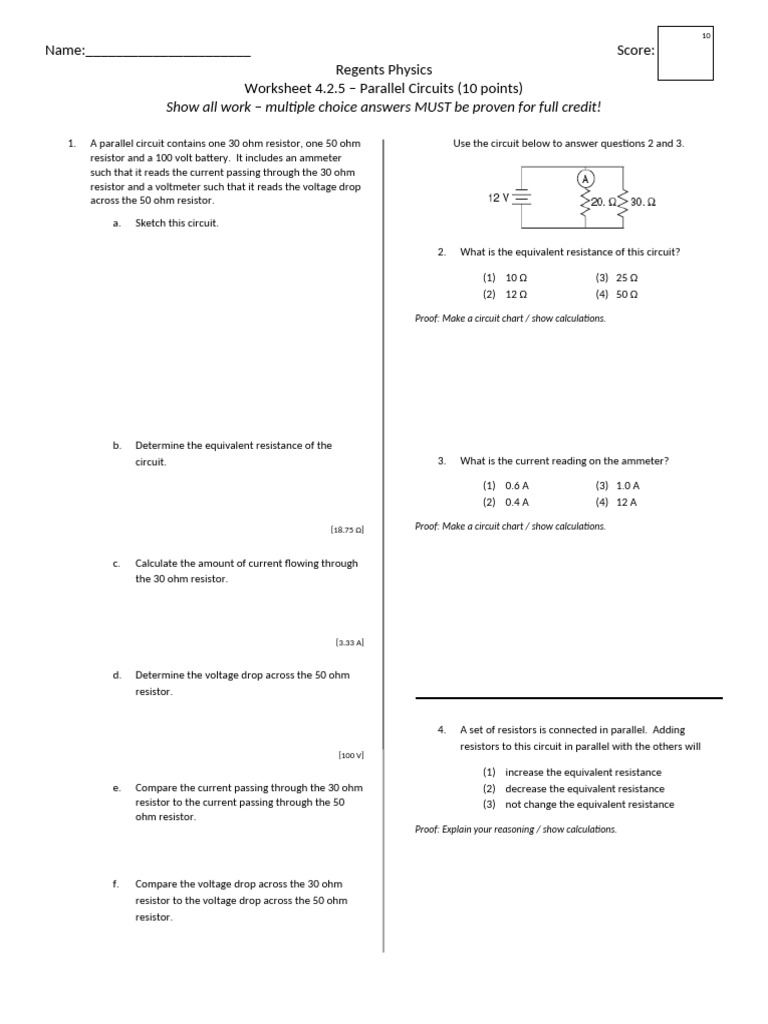 Parallel Circuit Calculations Worksheet | PDF | Resistor | Series And ...