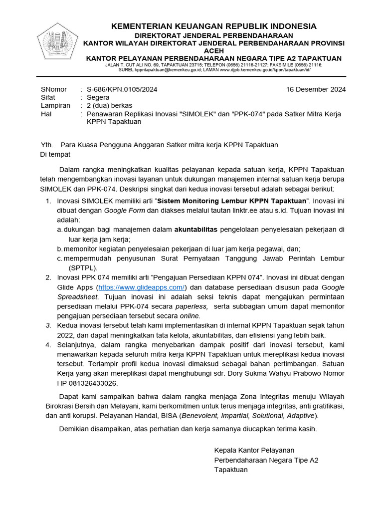 Penawaran Replikasi Inovasi SIMOLEK Dan PPK074 Pada Satker Mitra Kerja KPPN Tapaktuanpdf | PDF