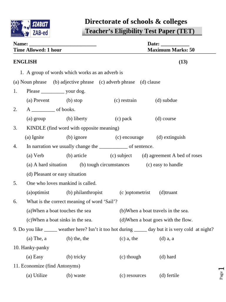 Teacher Eligibility Test Practice Paper | PDF | Adverb | Syntax