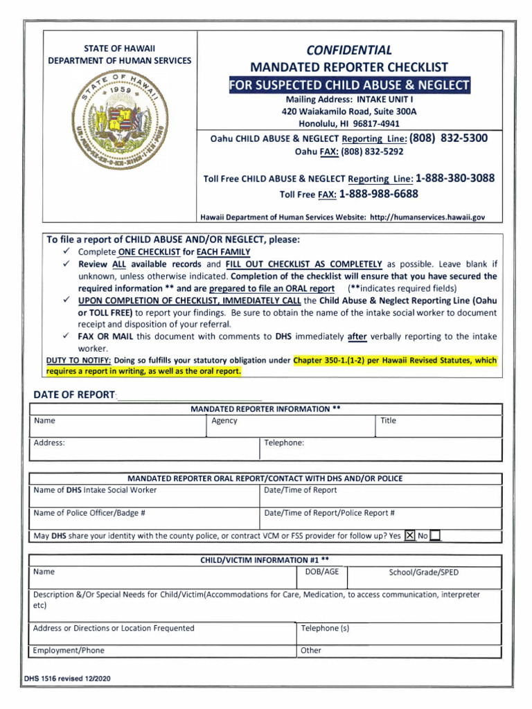 Hawaii Child Abuse Reporting Checklist | PDF | Child Neglect | Child Abuse
