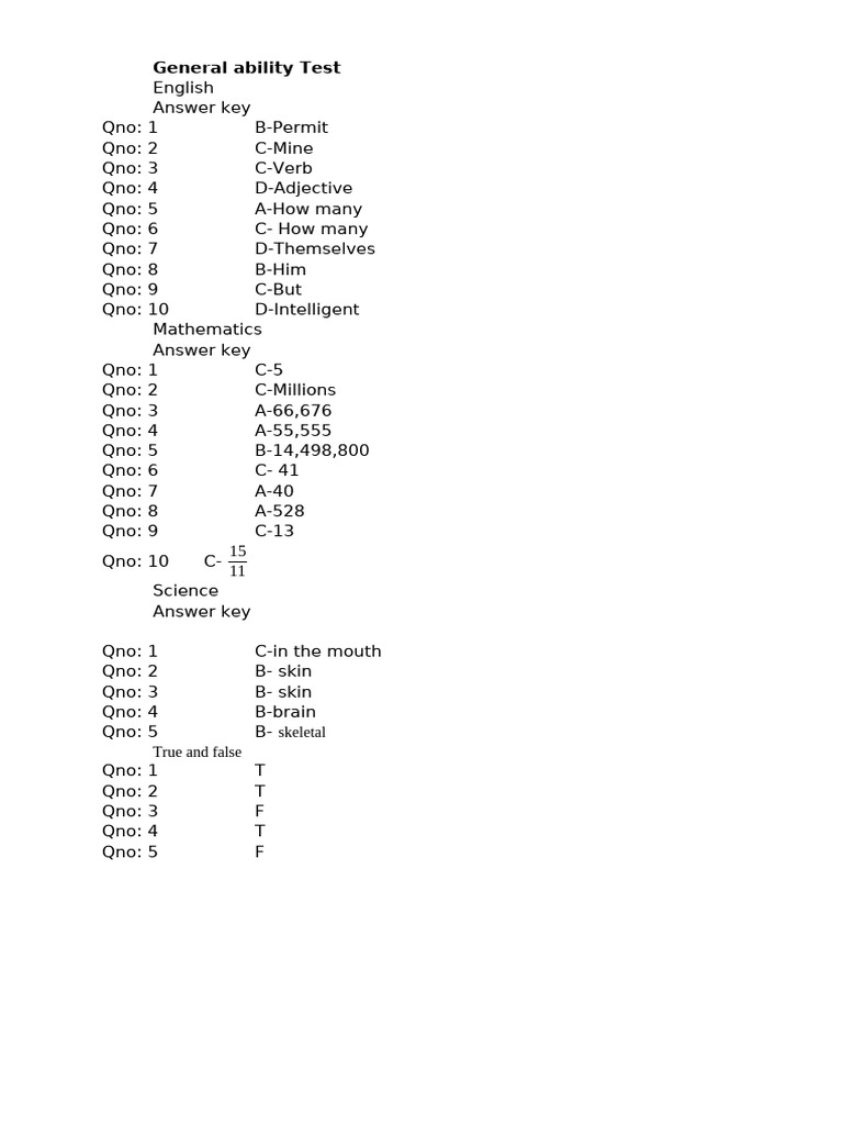 General Ability Test Answer Key | PDF