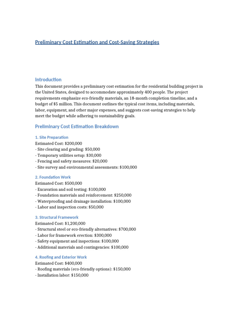 Preliminary Cost Estimation and Cost Saving Strategies | PDF ...