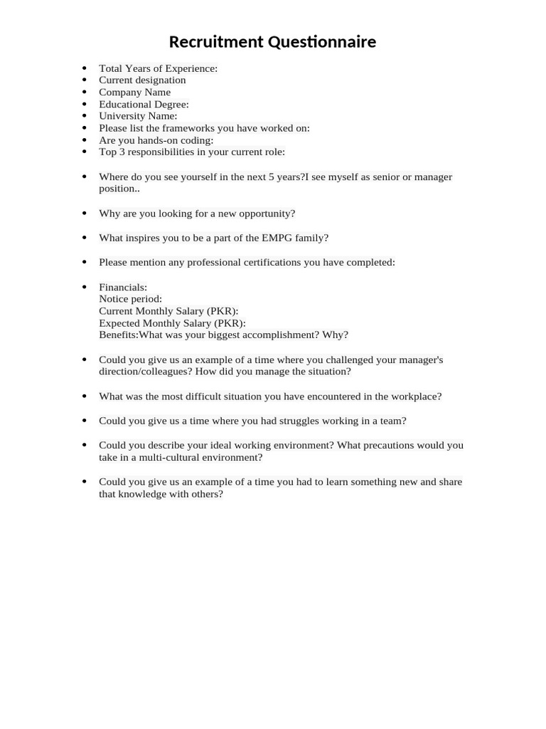 Recruitment Questionnaire | PDF