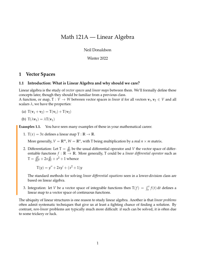 DONALDSON-Linear Algebra I | PDF | Linear Algebra | Vector Space