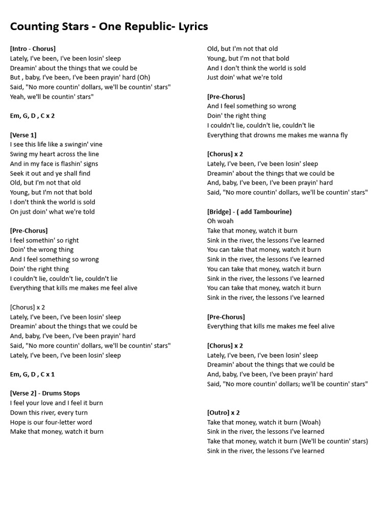 Counting Stars Lyrics by One Republic | PDF | Song Structure | Songs