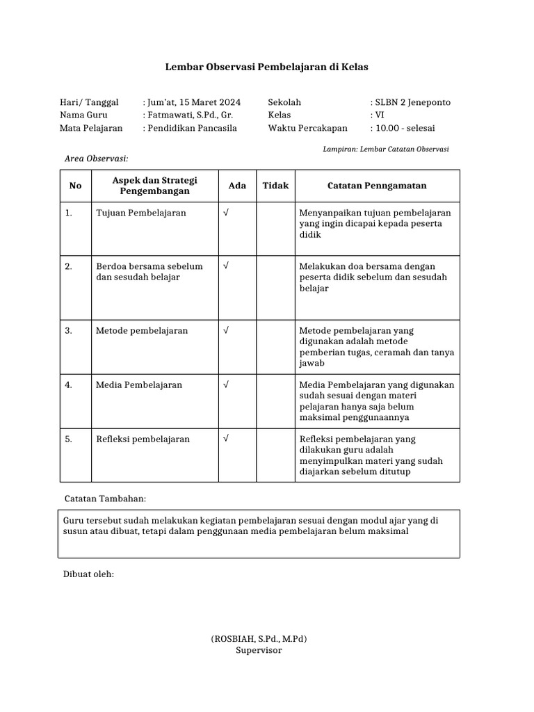 2 - Lembar Observasi Pembelajaran Di Kelas | PDF