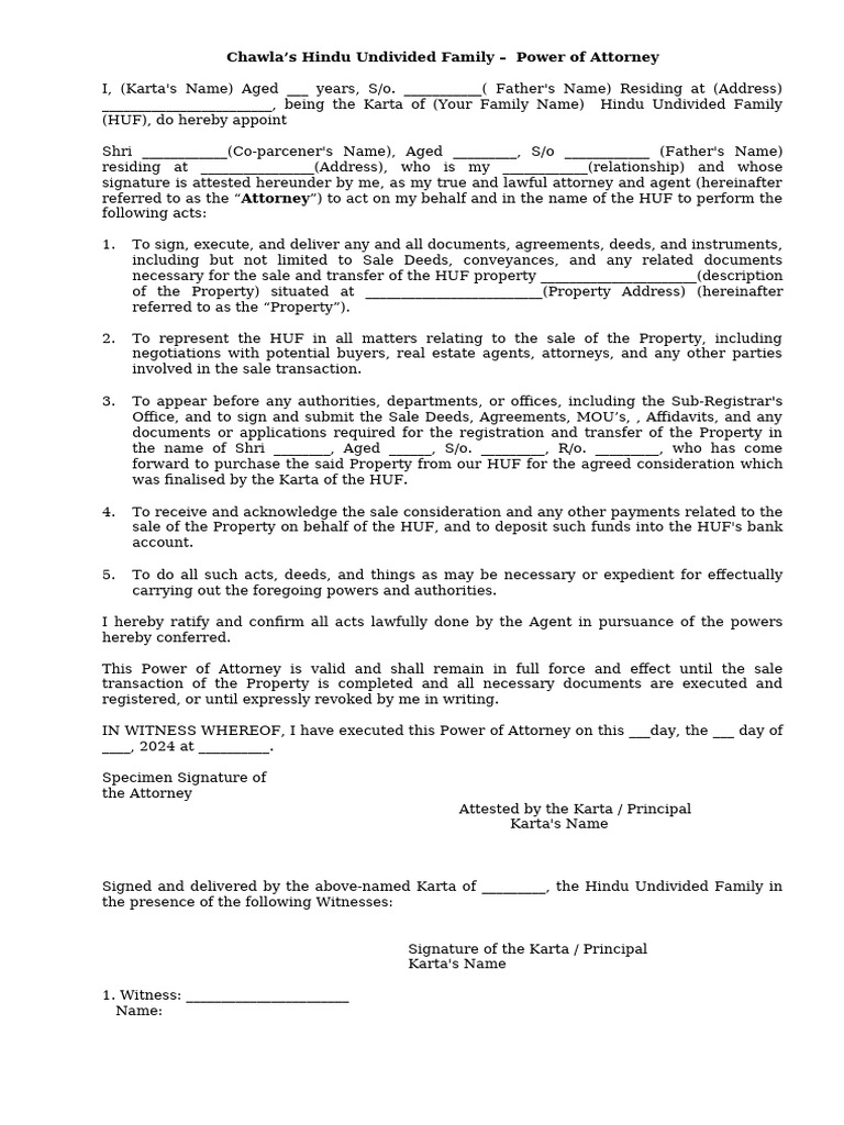 POA by HUF - Karta To His Coparcenary - Rajeeb | PDF | Power Of ...