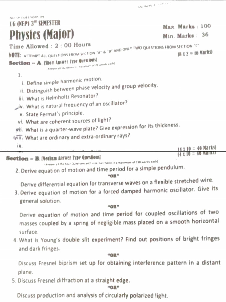 3rd Sem Physics Major Previous Question Paper | PDF | Diffraction | Oscillation