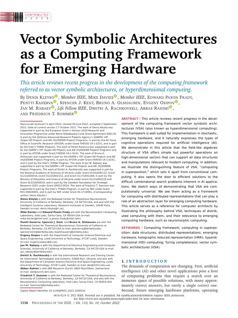 Vector Symbolic Architectures As A Computing Framework For Emerging Hardware Pdf Computing