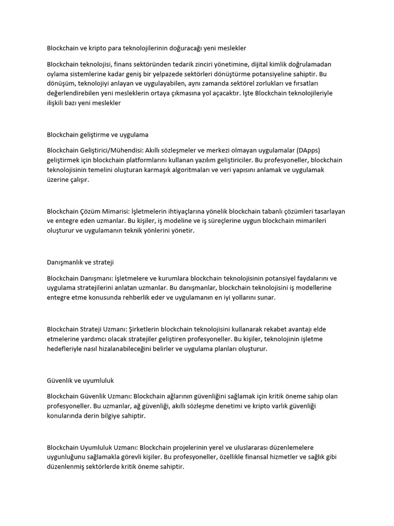 Blockchain Ve Kripto para Teknolojilerinin Doğuracağı Yeni Meslekler | PDF