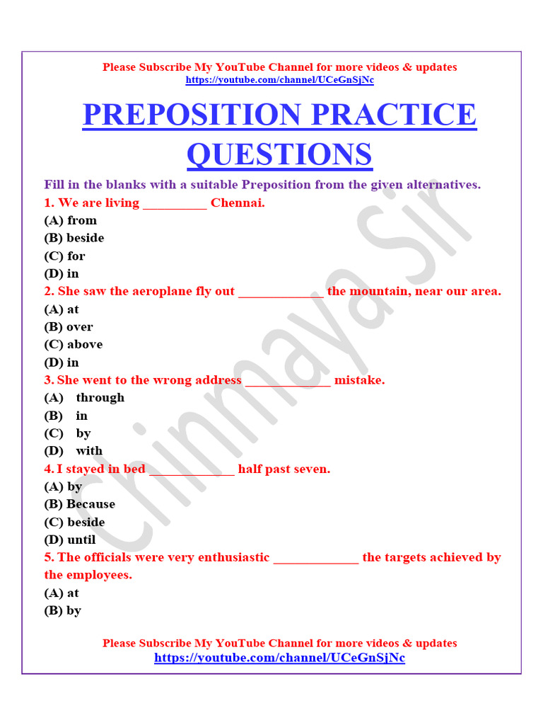 Preposition Practice Questions | PDF | You Tube