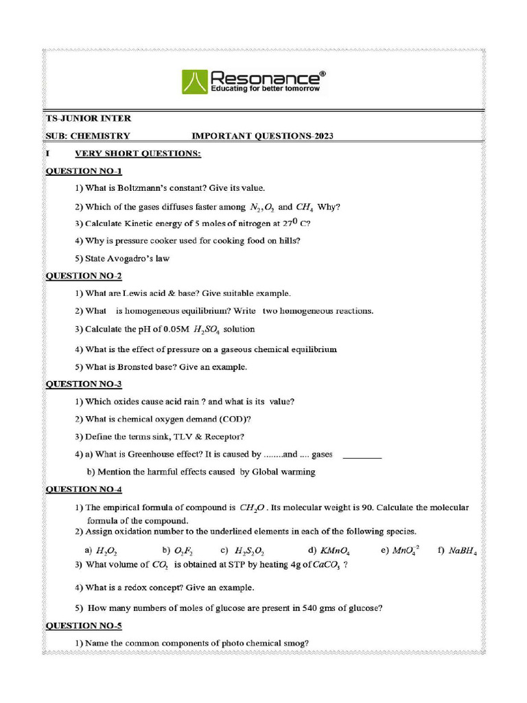 Ts JR Chemistry Imp Questions | PDF