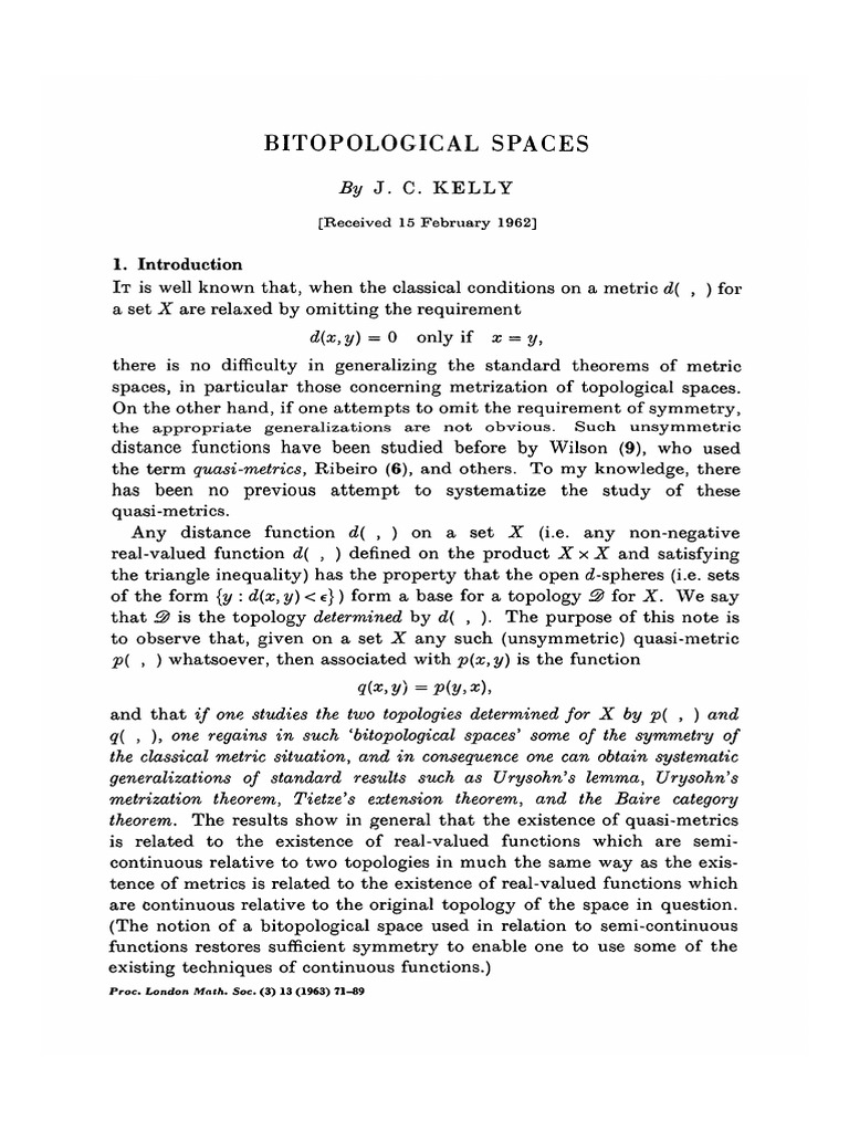 Bitopological Space Kelly1963 | PDF | Sequence | Continuous Function