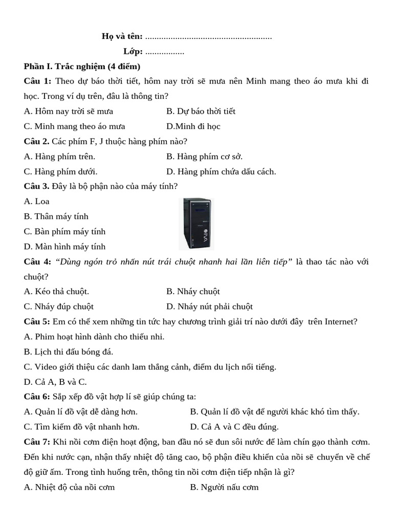 Đề KT cuối HK1 Tin Học | PDF