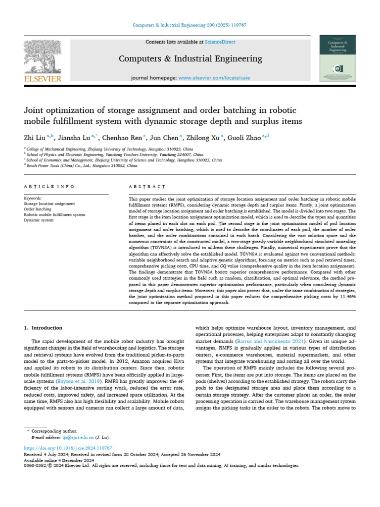 CAIE 2025 110767 动态储位分配和剩余项的RMFS储位分配与订单分批联合优化 | PDF | Mathematical Optimization | Warehouse