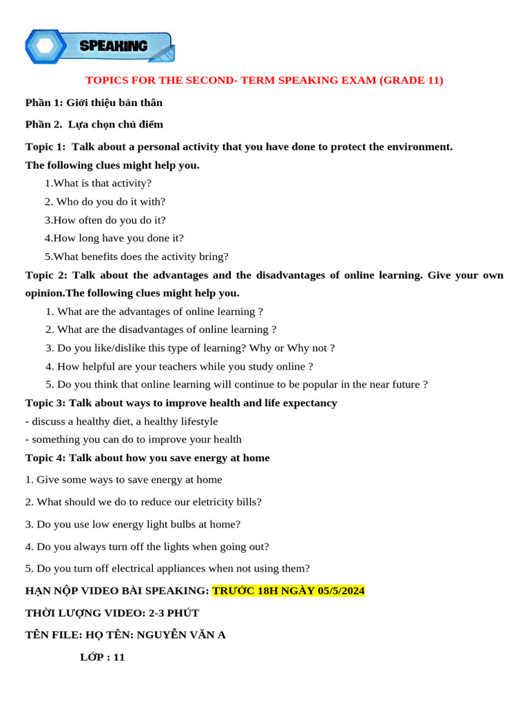 Topics For The Second - Term Speaking Exam (Grade 11) | PDF