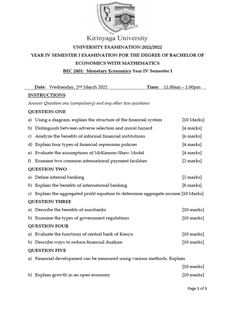 BEC 2401 Monetary Economics Year IV Semester I | PDF