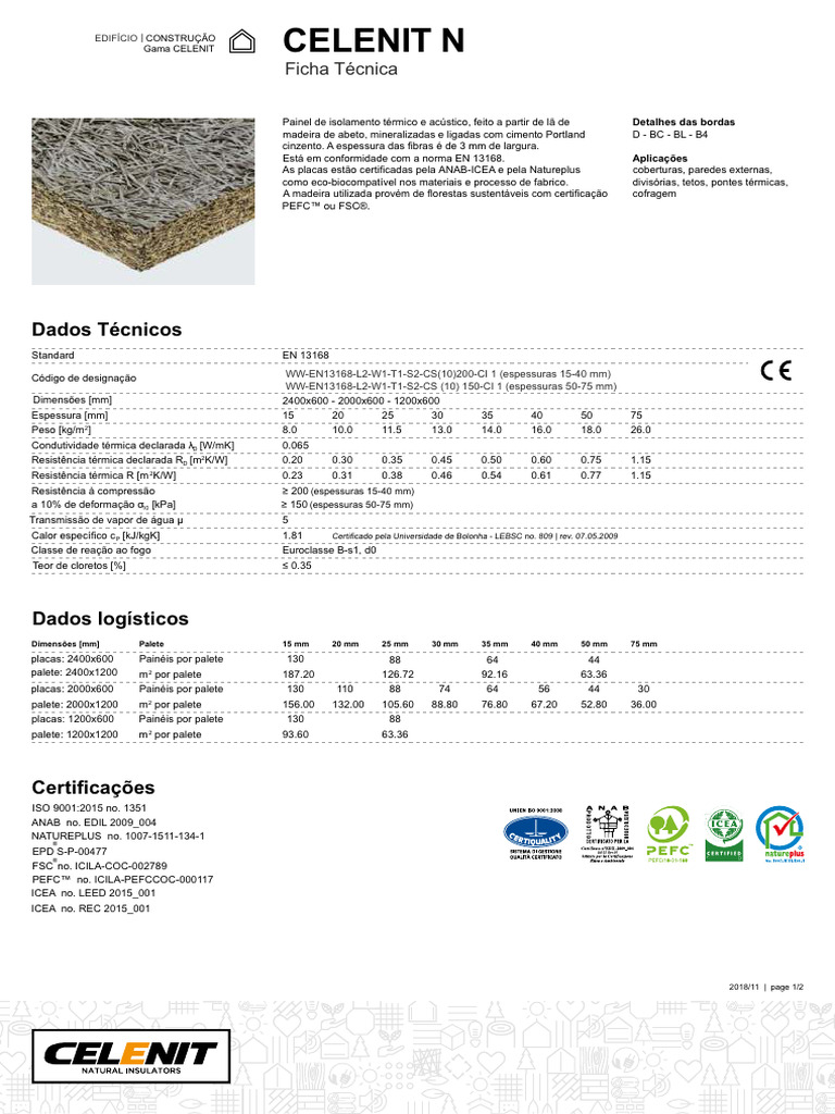 CELENIT - N - Placas de Madeira e Cimento - FT | PDF | Física Aplicada e Interdisciplinar ...