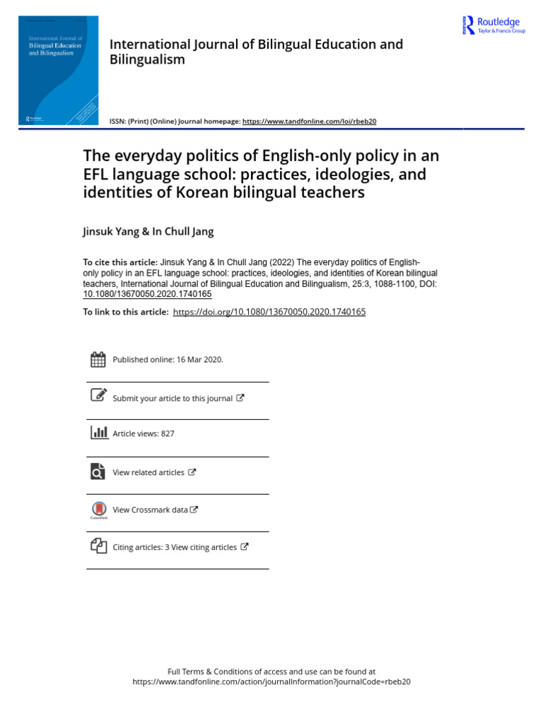 The Everyday Politics of English Only Policy in An EFL Language School Practices Ideologies and ...