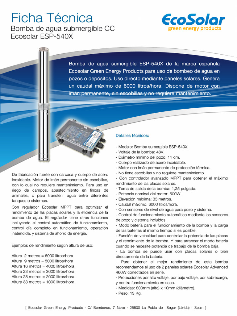 Ficha-tecnica-Ecosolar-bomba-de-agua-sumergible-ESP-540X DA1381 | PDF