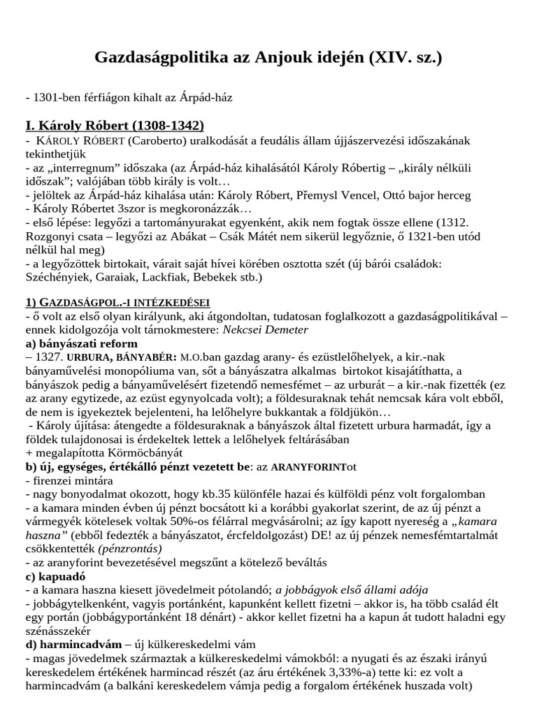 Gazdaságpolitika Az Anjouk Idején (XIV. SZ.) | PDF
