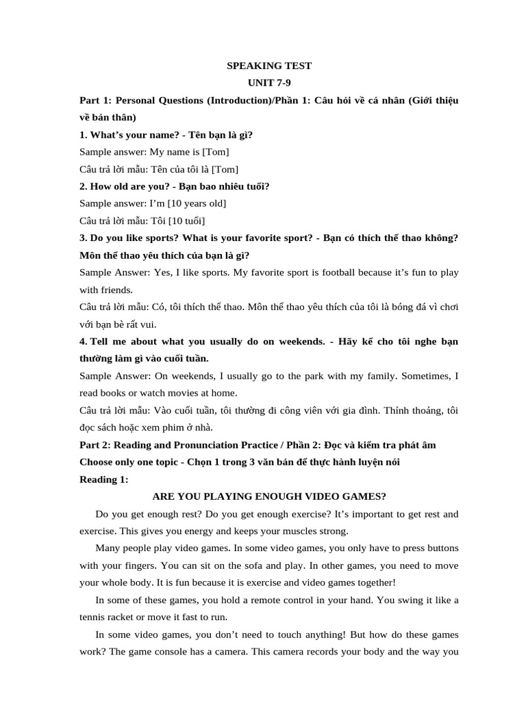 Speaking Test - Star 2 | PDF