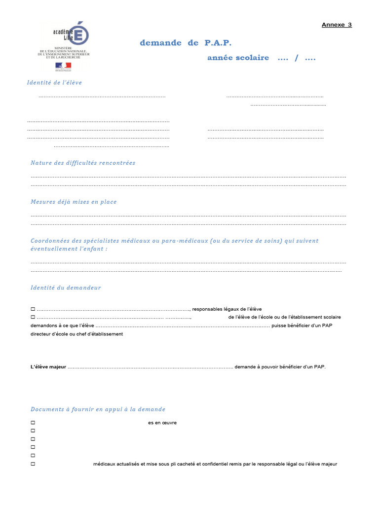 Demande de PAP pour Élève en Difficulté | PDF | Soins de santé | Médecine