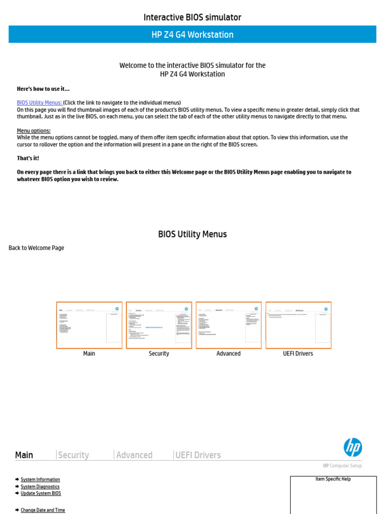 HP Z4 G4 Workstation BIOS Guide | PDF | Menu (Computing) | Bios