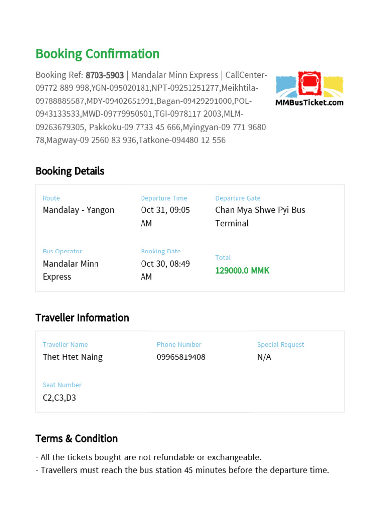 Mandalay to Yangon Bus Booking Confirmation | PDF
