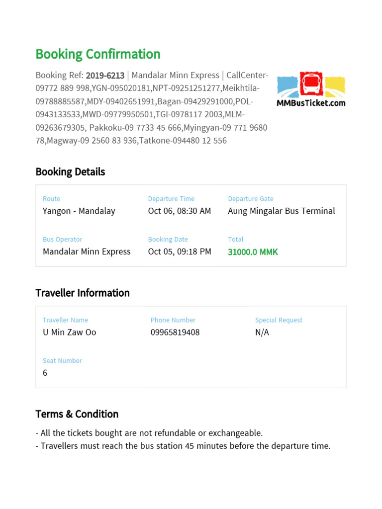 Mandalar Minn Express Booking Confirmation | PDF