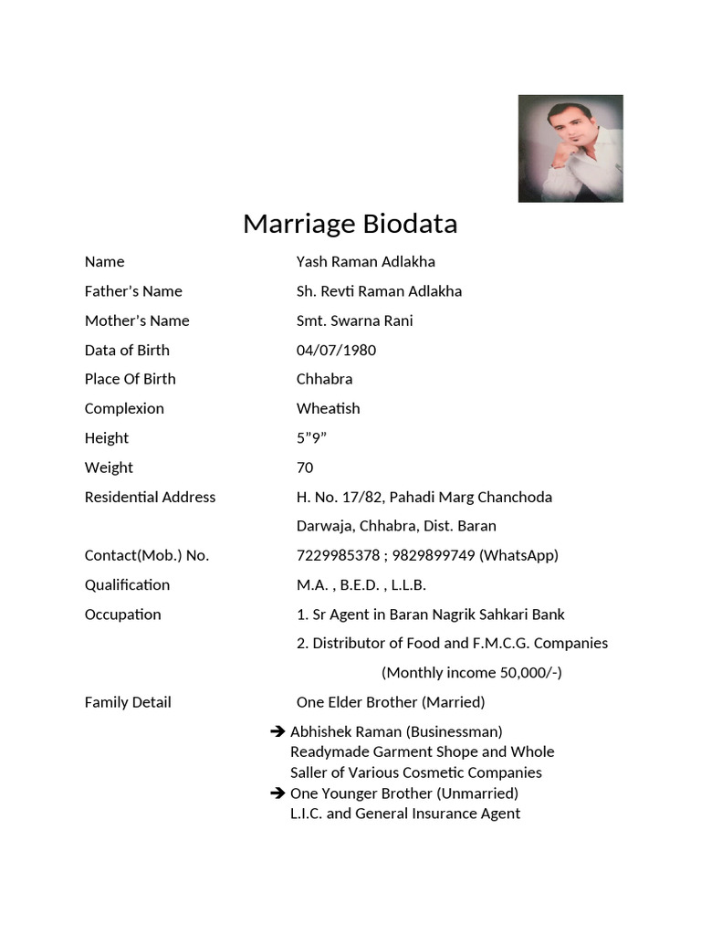 Marriage Biodata (Yash, Dobu) | PDF