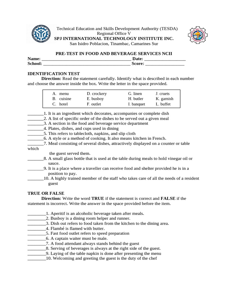 Food and Beverage Services NCII Pre-Test | PDF | Restaurants | Tableware