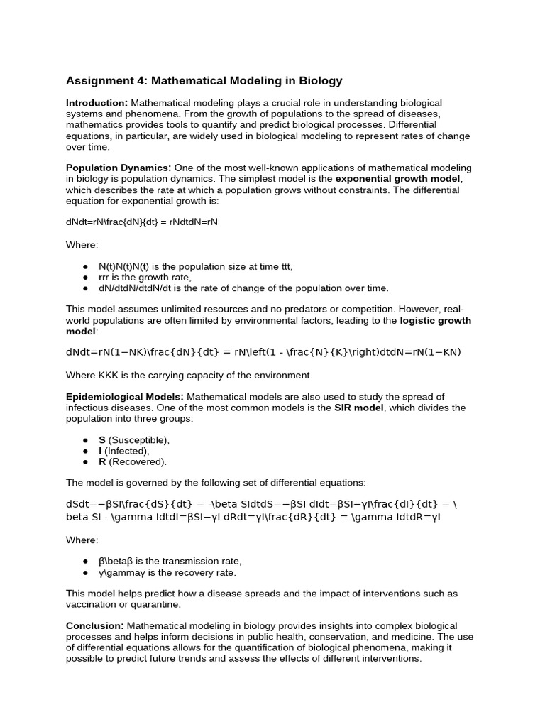 Assignment 4 - Mathematical Modeling in Biology | PDF