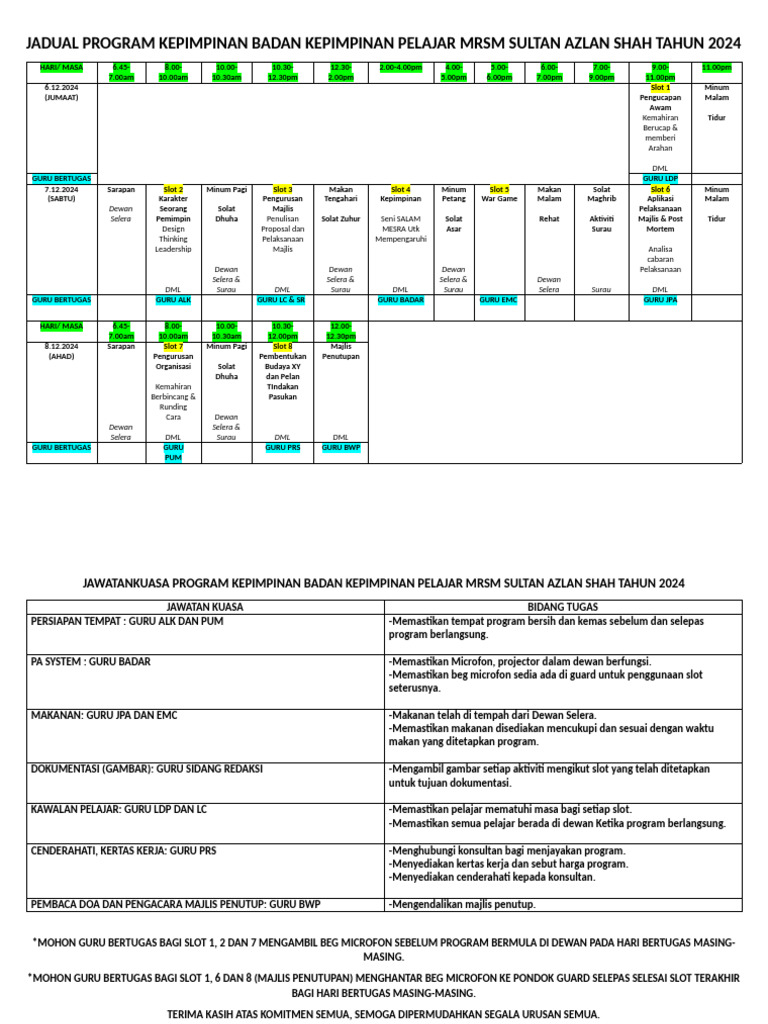 JADUAL PROGRAM KEPIMPINAN BADAN KEPIMPINAN PELAJAR MRSM SULTAN AZLAN ...