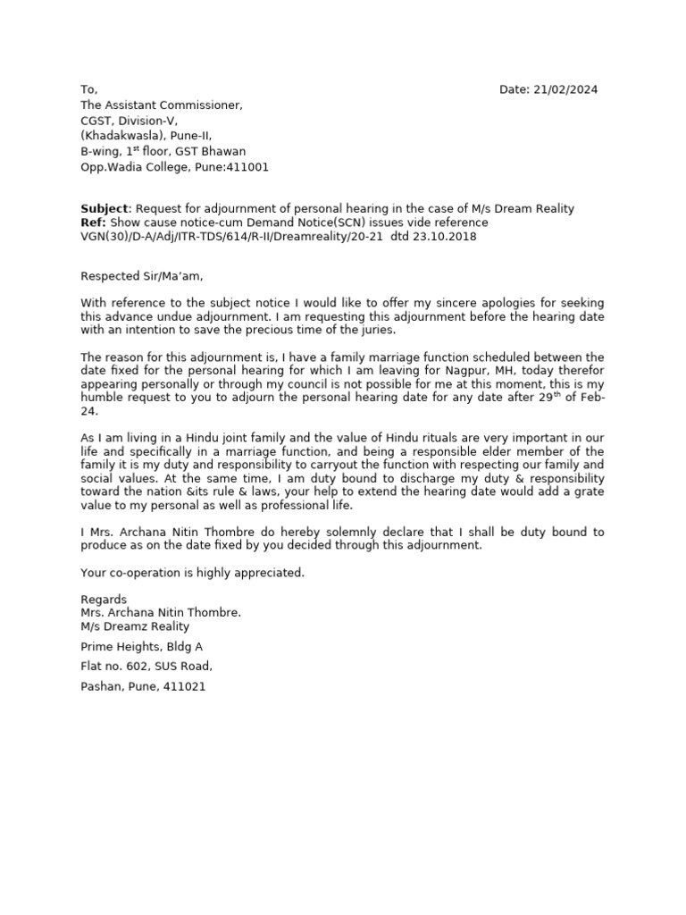 Adjournment Request for Hearing | PDF