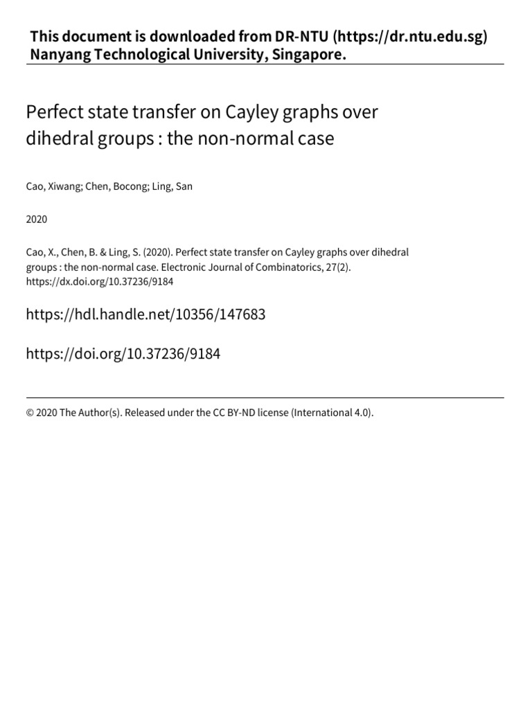 7 Perfect State Transfer On Cayley Graphs Over Dihedral Groups The Non Normal Case | PDF | Group ...