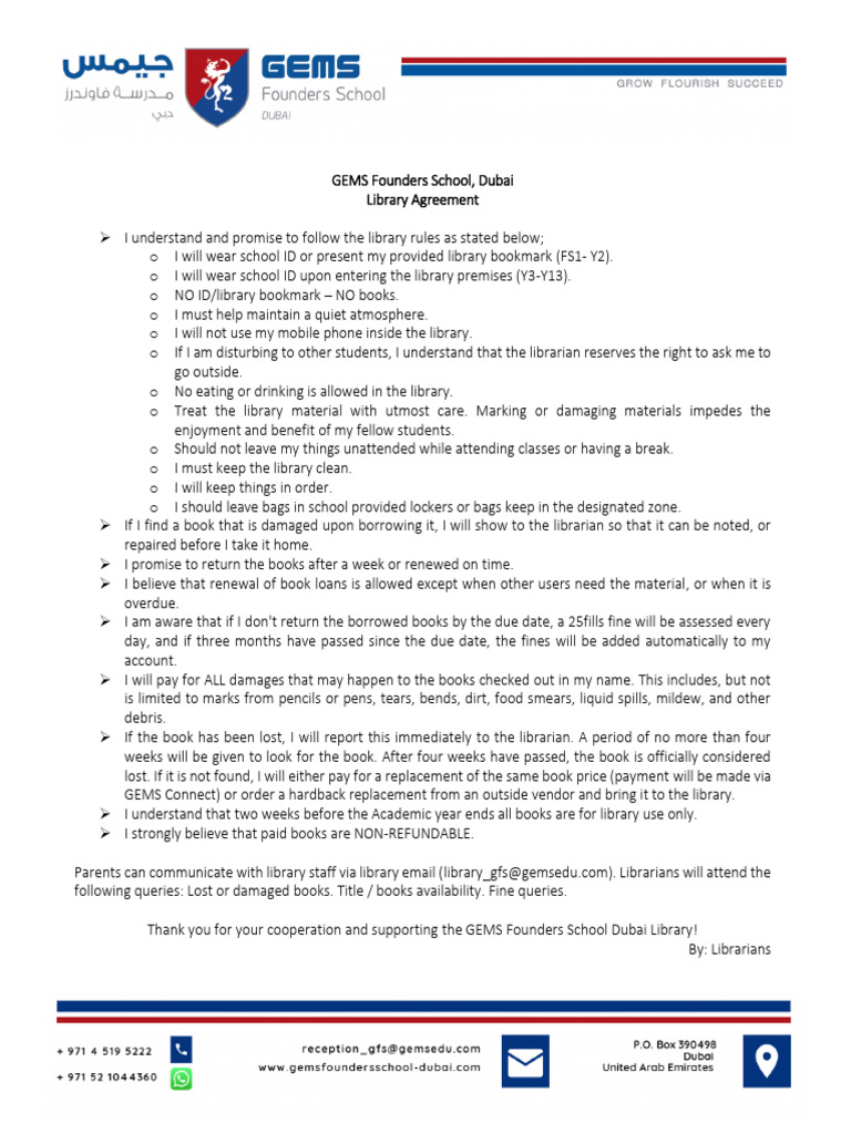 GEMS Founders School Dubai Library Agreement | PDF | Libraries