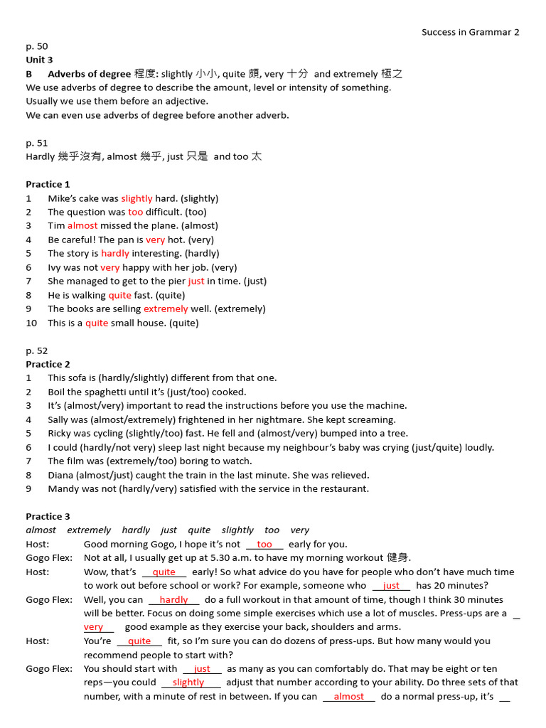 Success in Grammar 2 Unit 3B Adverbs of Degree | PDF