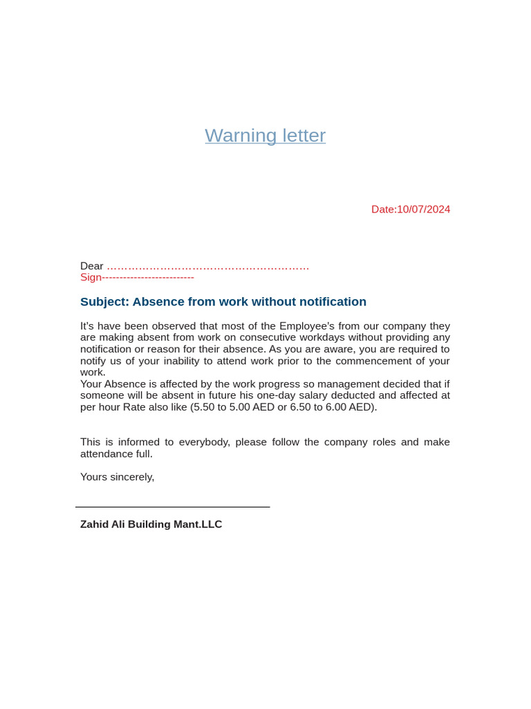 Warning Letter for Unnotified Absences | PDF