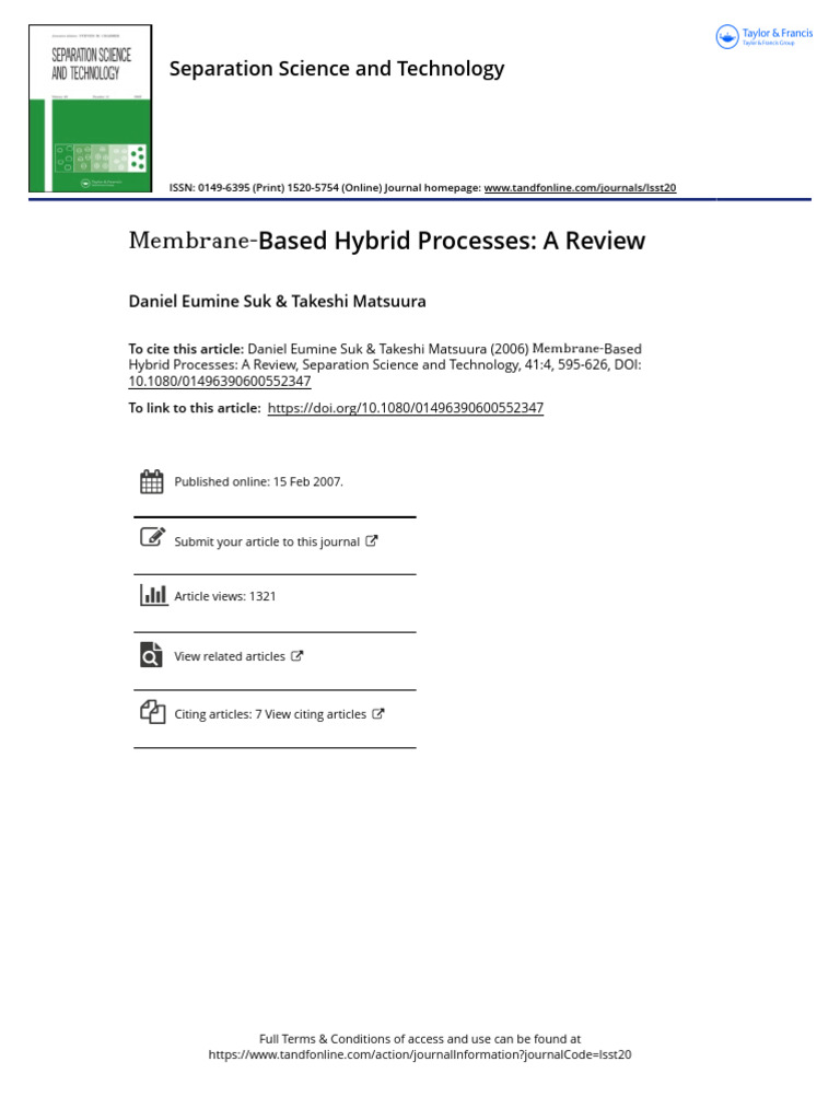 Membrane Based Hybrid Processes A Review | PDF | Membrane | Fermentation