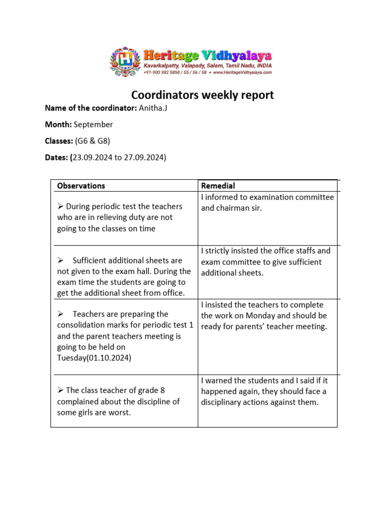 Coordinators weekly report | PDF